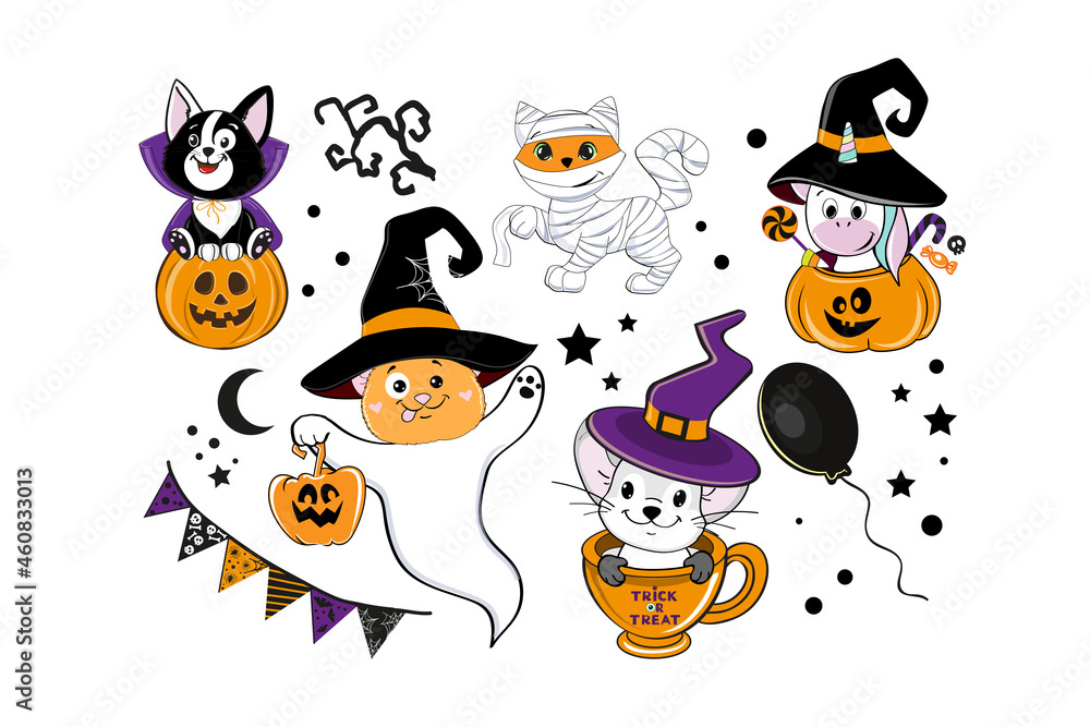 Funny animals in Halloween costume. Vector cartoon illustration on ...