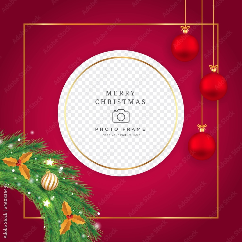 Christmas photo frame design with red and golden color decorative balls ...