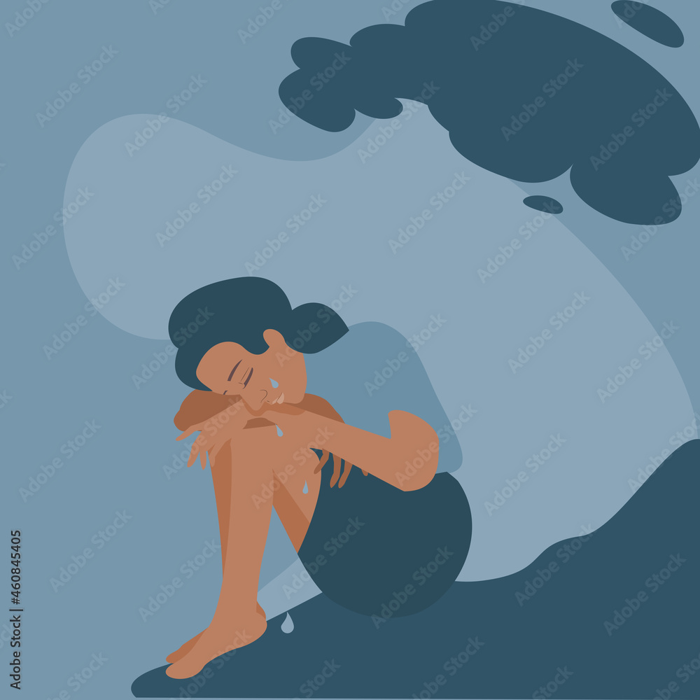 Front view of Lonely woman hugging her knees crying and bowing down ...