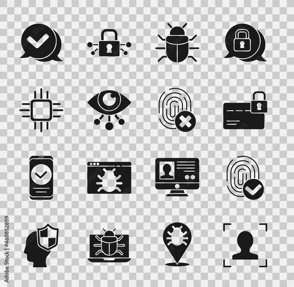 Set Face recognition, Fingerprint, Credit card with lock, System bug, Eye scan, Processor ...