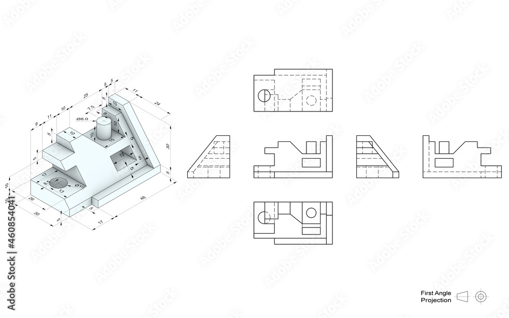 Technical drawing of a 3D model with a perspective and orthogonal views ...