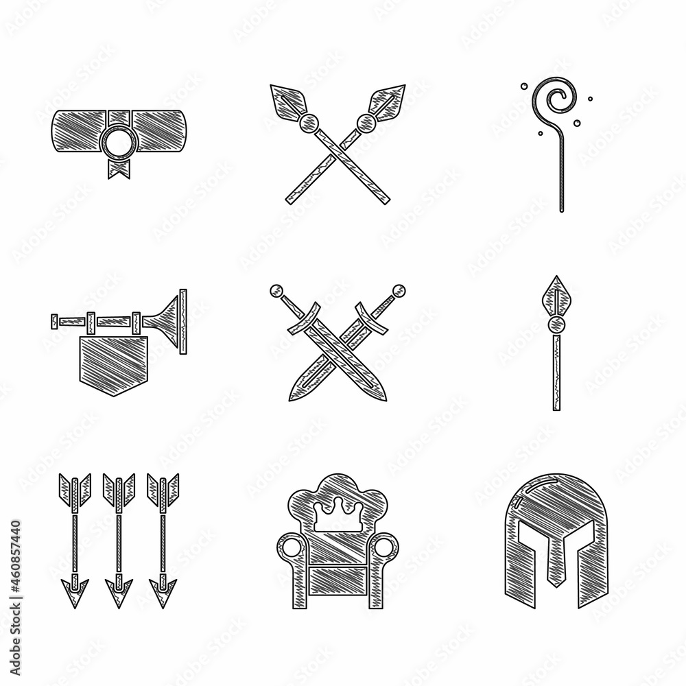 Set Crossed medieval sword, Medieval throne, iron helmet, spear, arrows ...