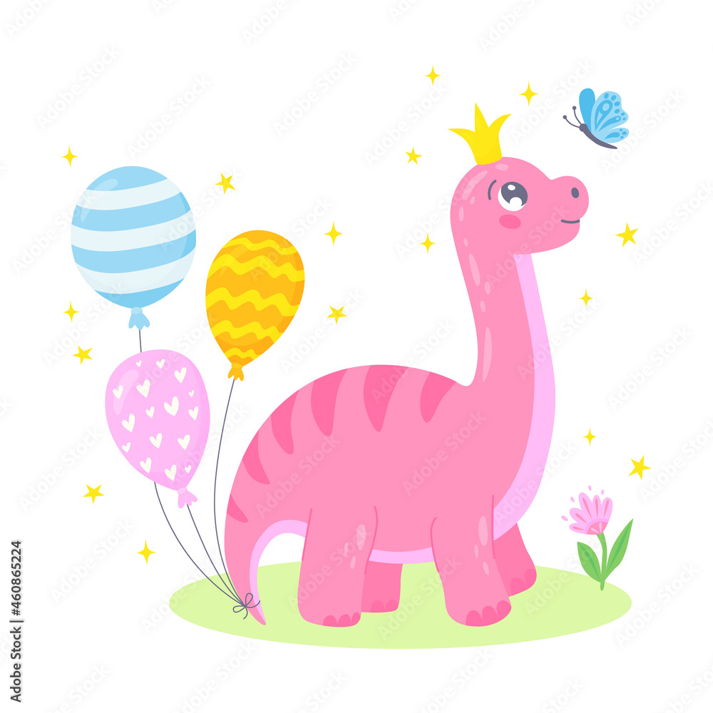 Cute dinosaur princess with butterfly and balloons. Sweet pink dino ...