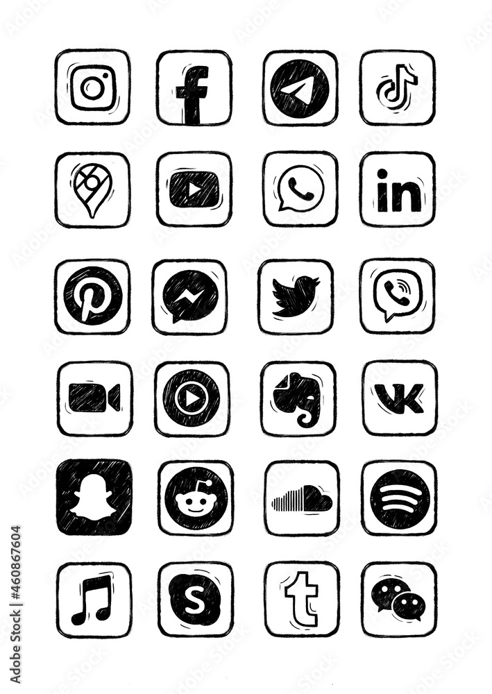 Set of hand drawn icons. Social media icons, social network icons ...