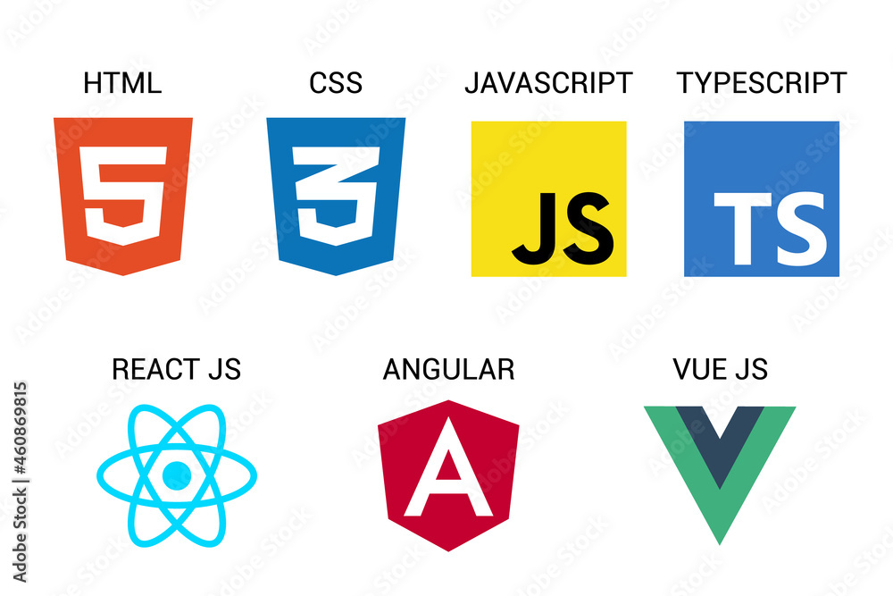 Vector collection of web development signs: html5, css3, javascript, typescript, react js ...