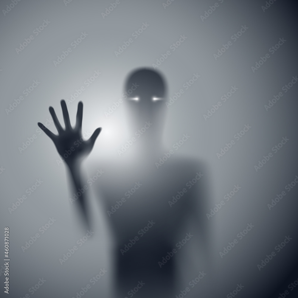 Shadow Blur Of Horror Man With White Eyes Behind The Matte Glass