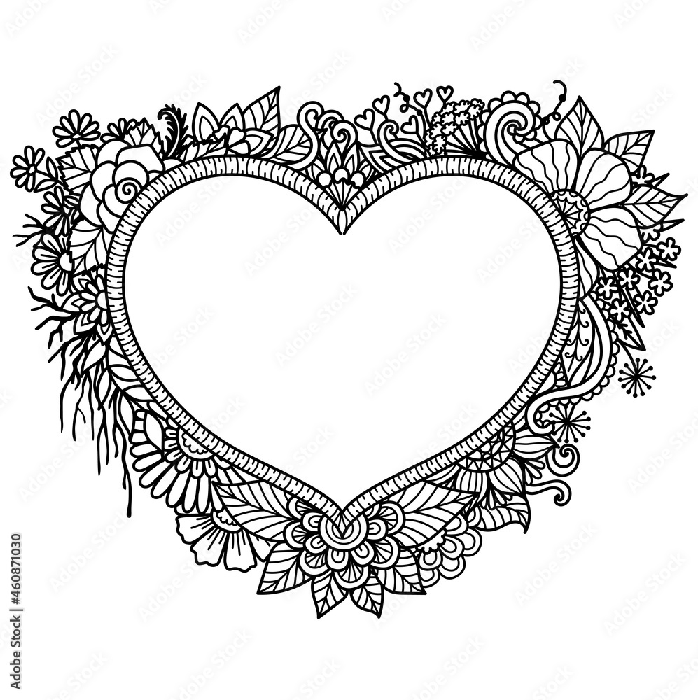 Mandala flowers around heart frame for printing, engraving or coloring ...