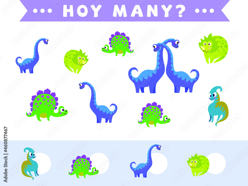 Counting childrens game of cartoon varied dinosaurs. Collection of ...