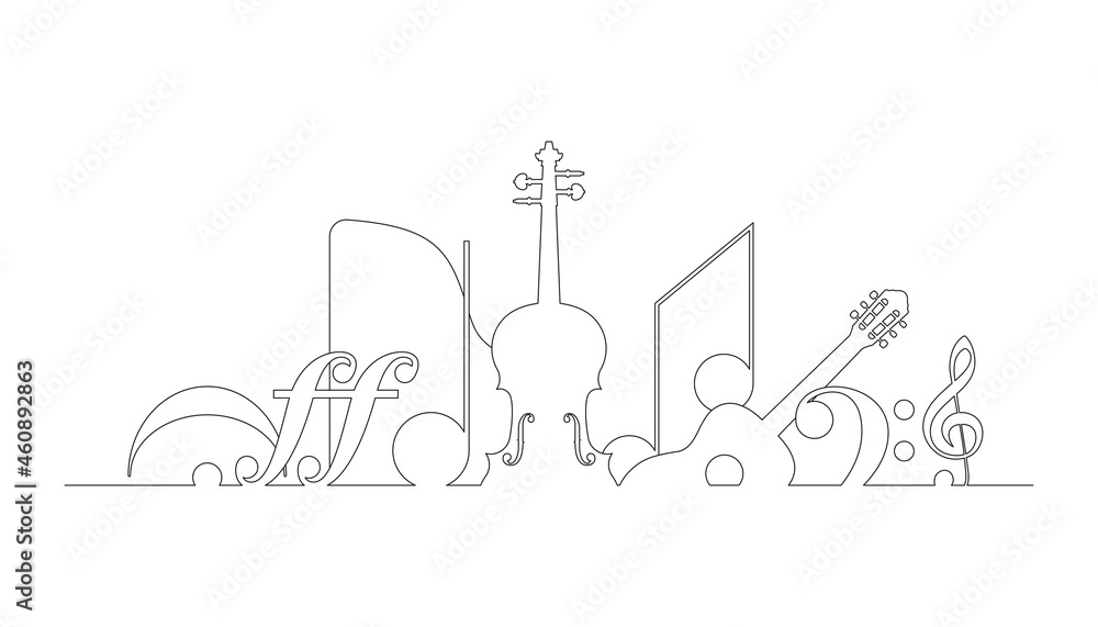 Music header with instruments, notes and symbols. Line design, editable ...