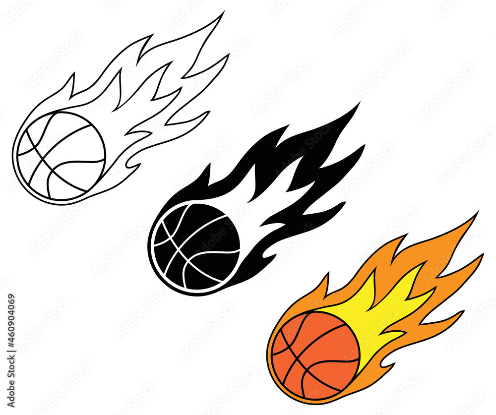 Basketball with fire flames clipart set - Outline, Silhouette and Color ...