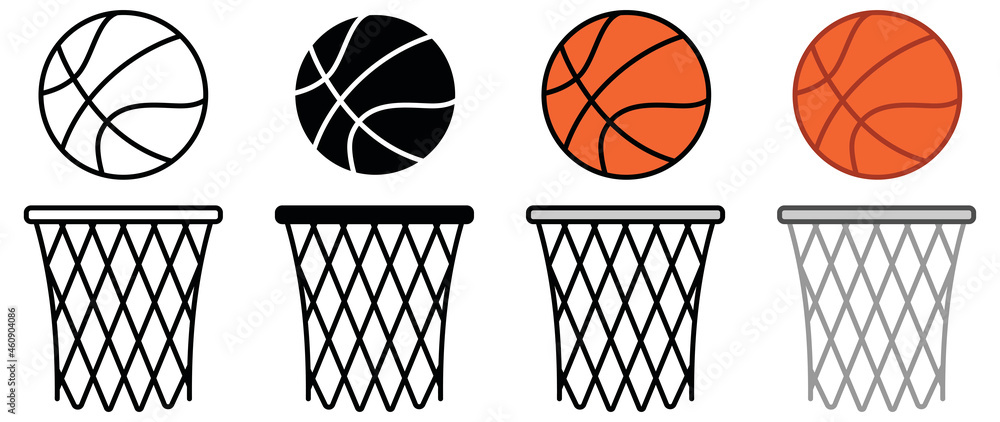 Basketball and Net Clipart Set - Outline, Silhouette and Color Stock ...