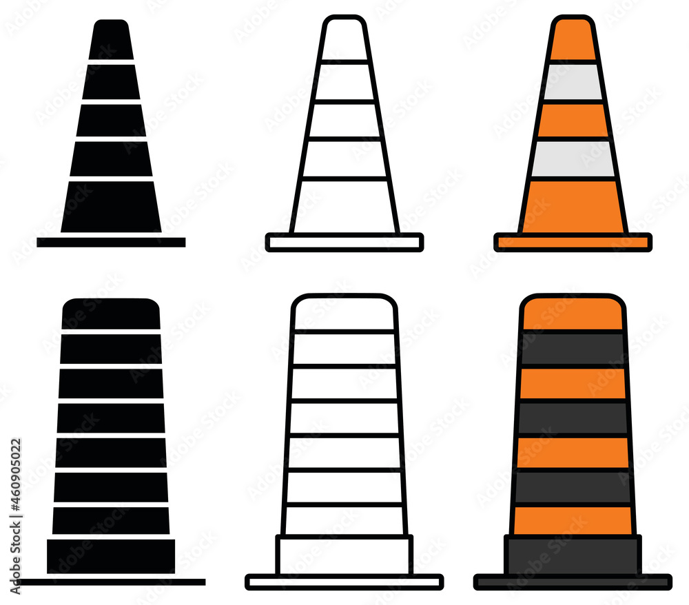 Traffic Cone Pylon Clipart Set - Outline, Silhouette and Color Stock ...