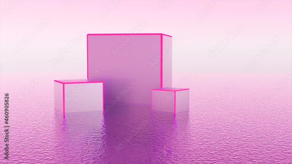 Cubes of different sizes glow with neon. Design. Virtual 3d decoration with glowing cubes and ...