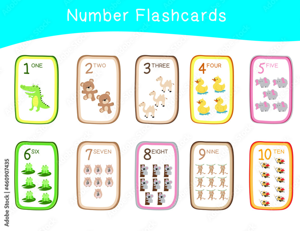 Cute number flashcards with animals set. English counting 1 to ten ...