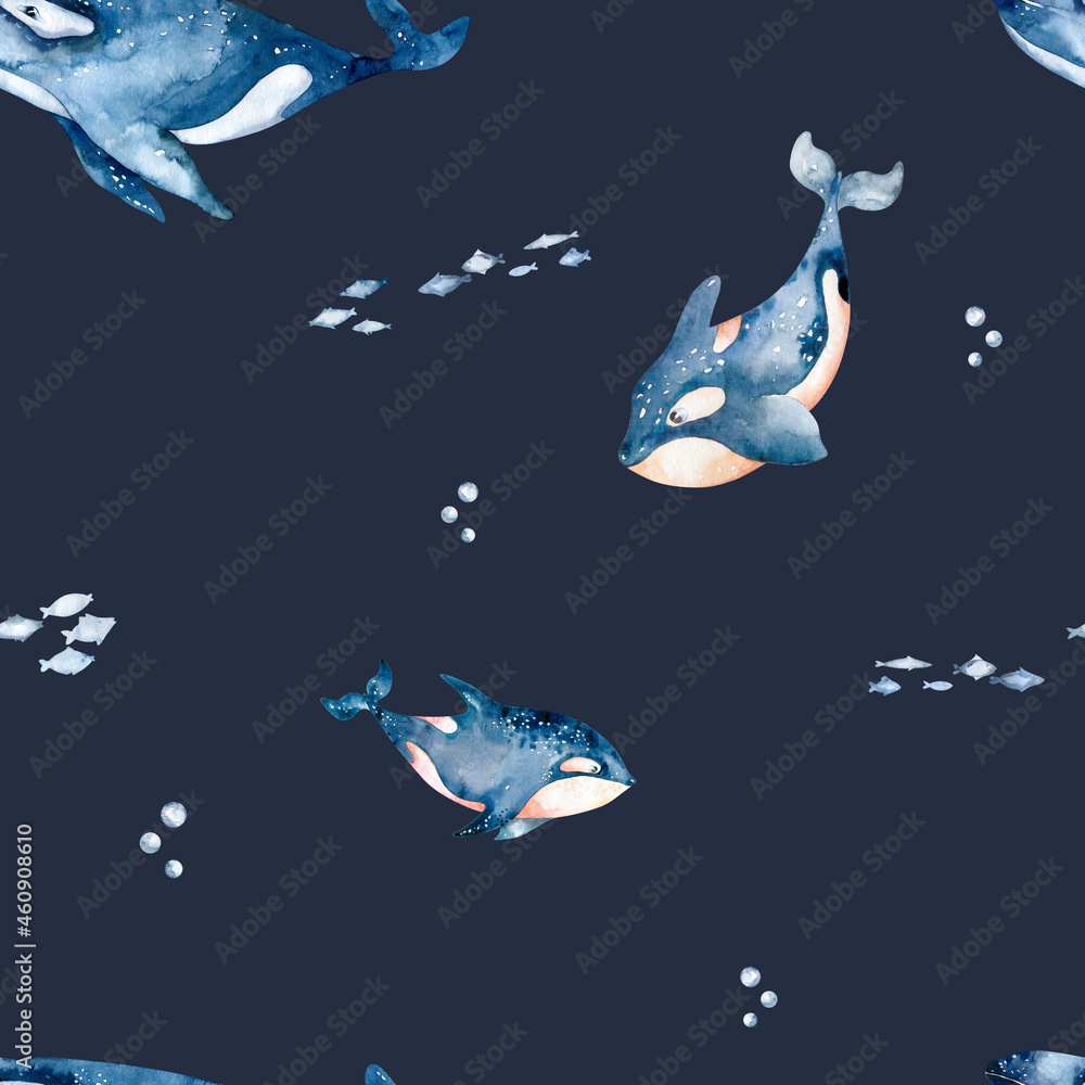 Watercolor whales seamless pattern . Hand drawn cute illustration with ...