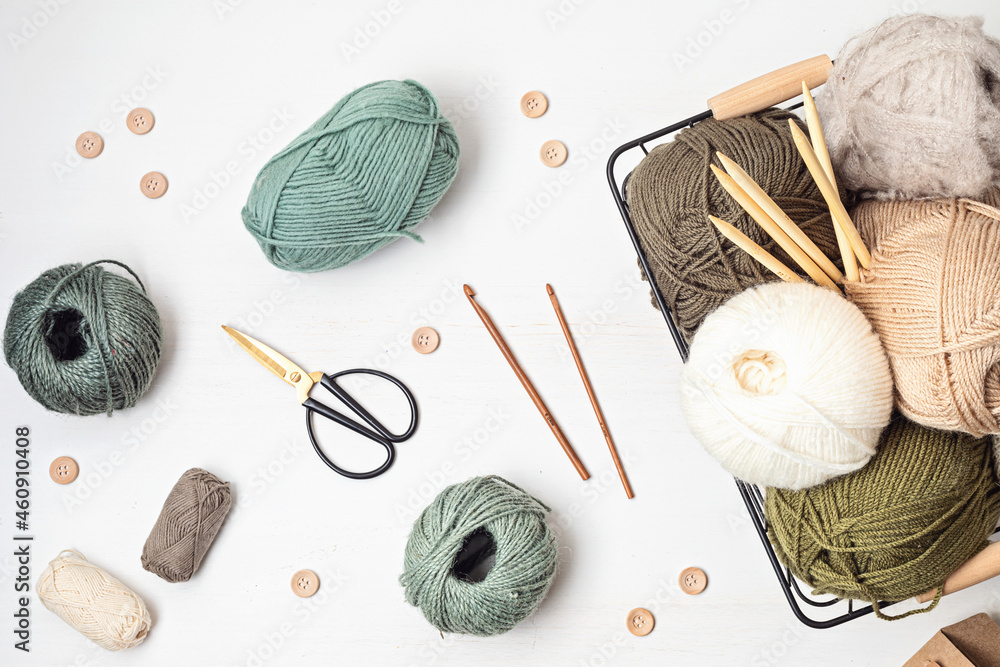 Craft hobby background with yarn in natural colors. Recomforting ...