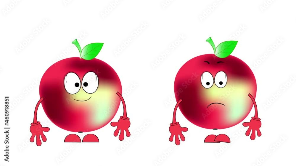Two apples. Cartoon characters. Different emotions. Laugh and cry ...