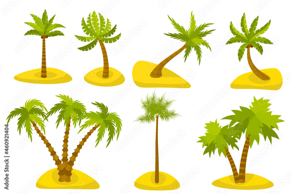 Cute cartoon palm on island set isolated on white background. Exotic ...