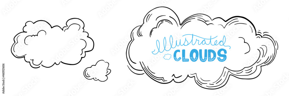 Clouds in sky vector drawing, illustration of puffy white cloud doodles ...