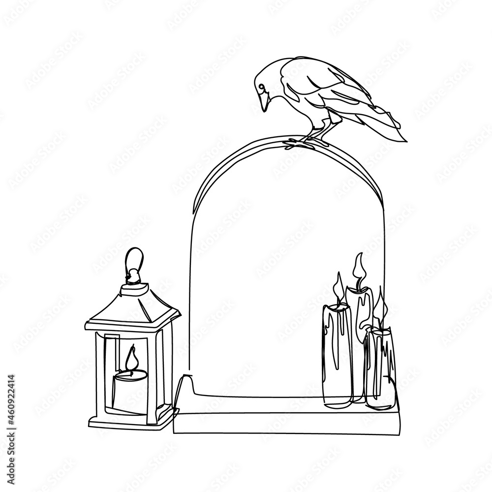 Headstone with crow and retro candleholder with burning candles one ...