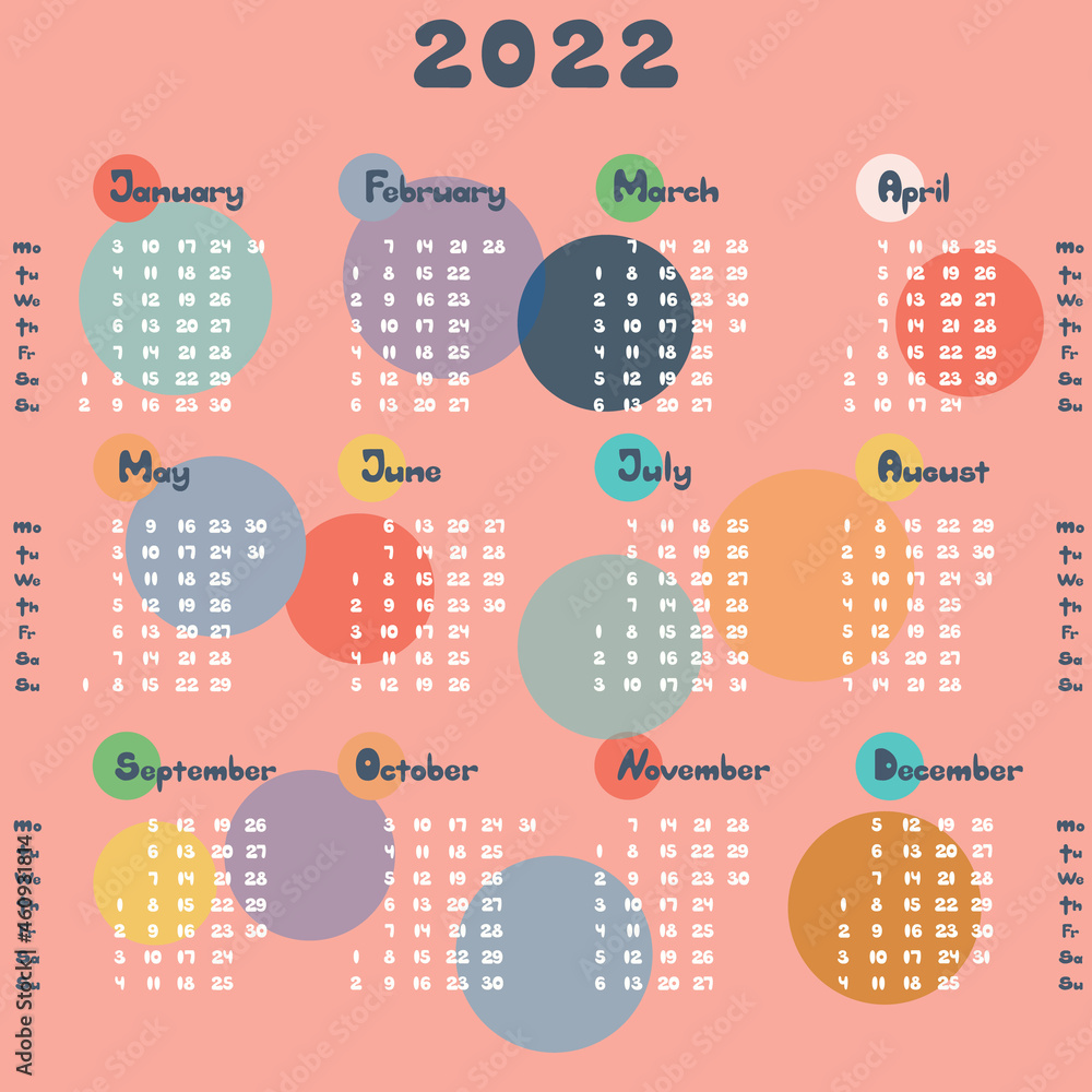 Colorful calendar 2022 design. Vector template of 12 months and week ...