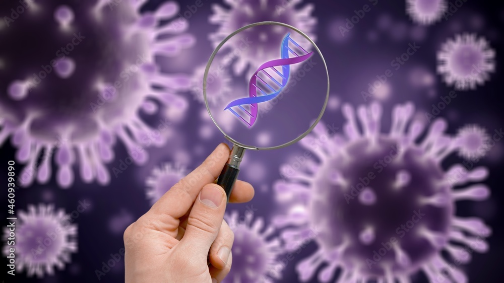 DNA disease concept, genome molecule and a hand with a magnifying glass ...