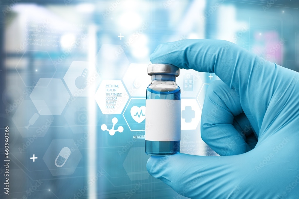 Mockup blank label of medical vaccine vial in doctor's hand, glass ...