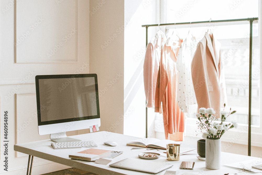 Fashion designer office wallpaper, white tone filter Stock Photo ...