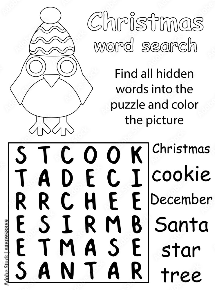 Christmas word search puzzle with funny cartoon penguin vector ...