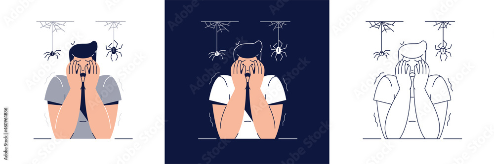 Phobia, Irrational Fears vector illustration set. Scared Man Character ...