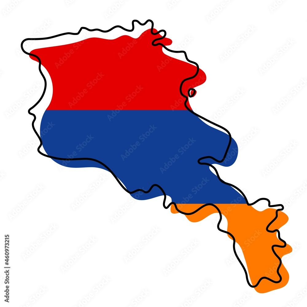 Stylized outline map of Armenia with national flag icon. Flag color map ...