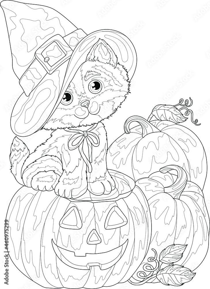 Cute cartoon cat in witch hat sitting with pumpkins sketch template ...