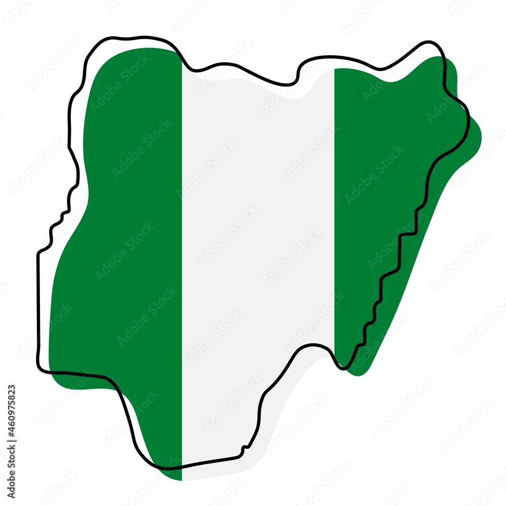 Stylized outline map of Nigeria with national flag icon. Flag color map ...