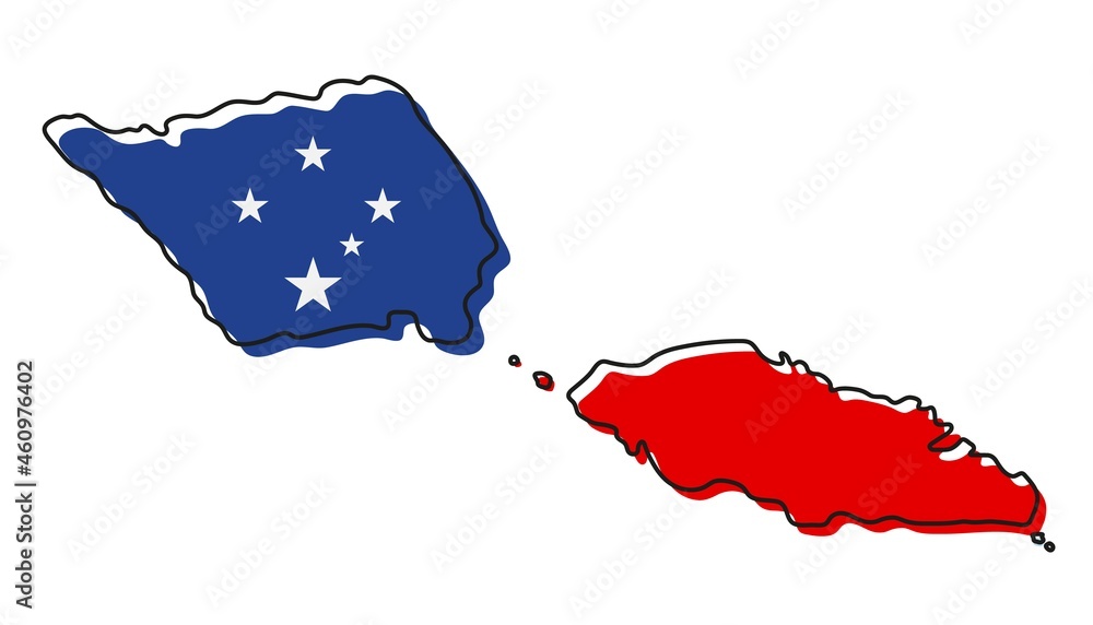 Stylized outline map of Samoa with national flag icon. Flag color map ...