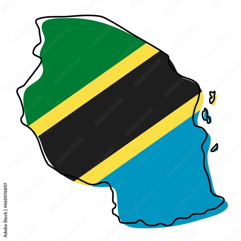 Stylized outline map of Tanzania with national flag icon. Flag color ...