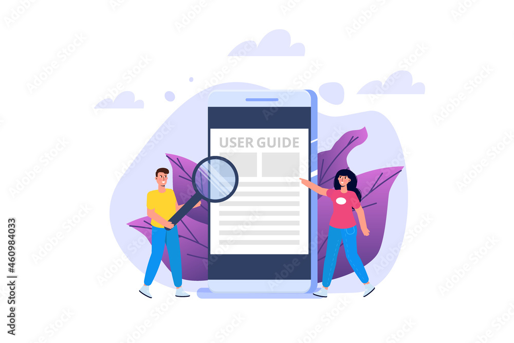 User manual flat style concept. People with guide instruction are ...