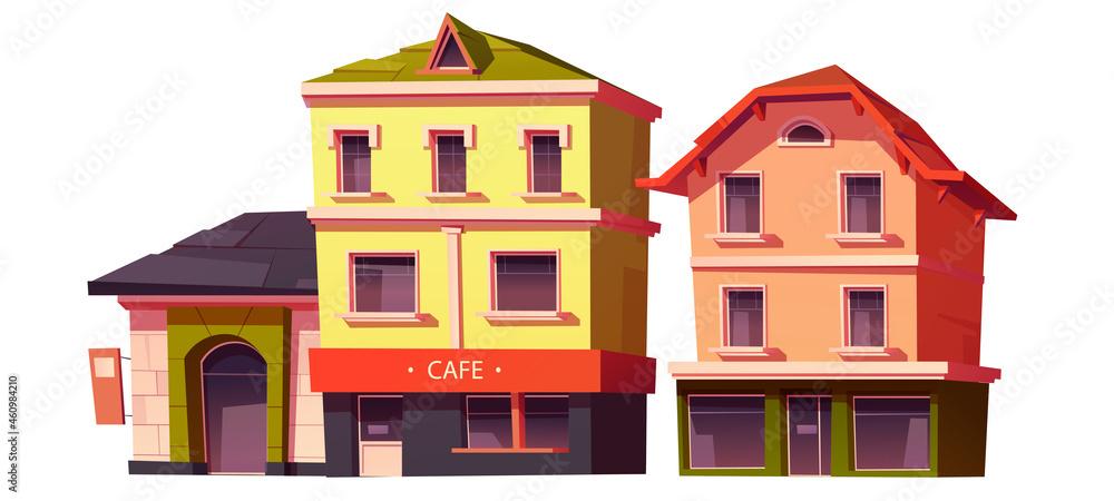 Retro buildings, town or city vintage house architecture with cafe and ...