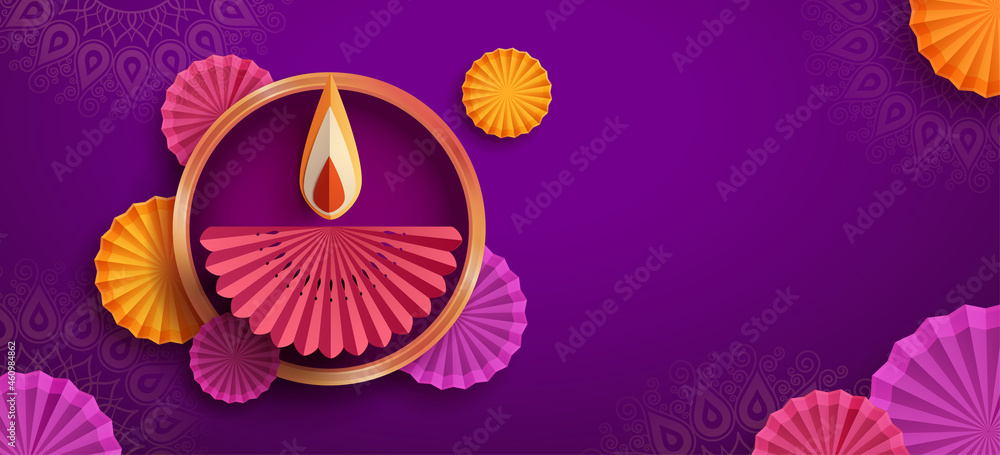 Paper graphic of Indian Diya oil lamp design with round border frame on ...