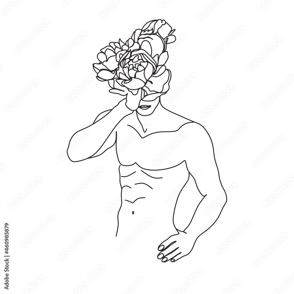 Man face with flowers . Abstract face with flowers by one line drawing ...