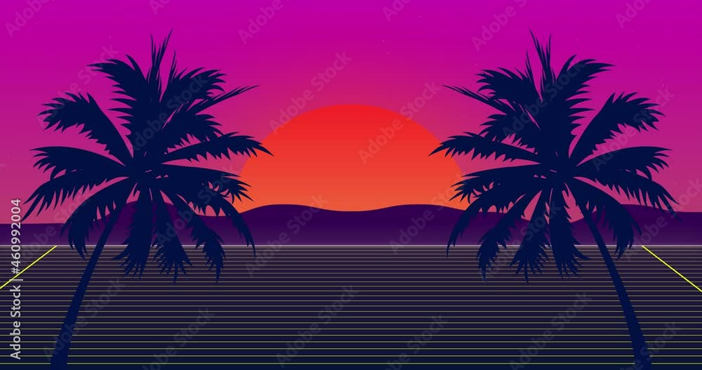 Miami 80s style background animation. Purple layout design. Red sun ...