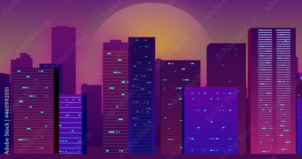 Cityscape retro wave style design. Purple 80s retrowave animation ...
