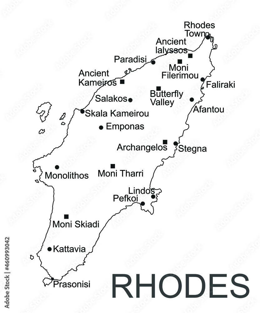 Island of Rhodes in Greece vector map line contour isolated on white ...