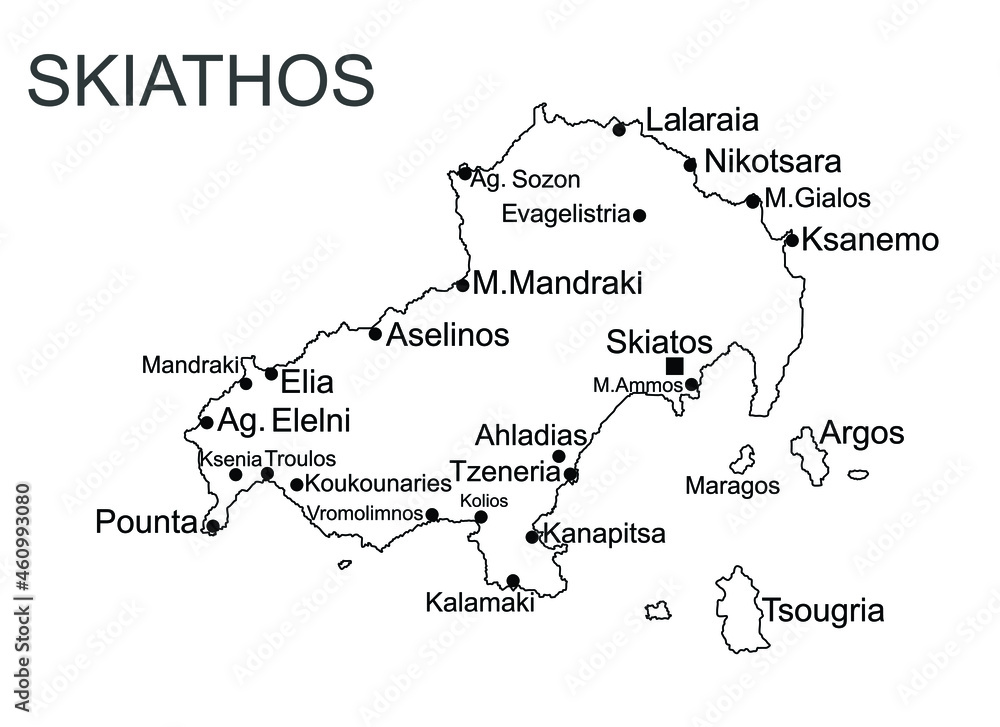 Island of Skiathos in Greece vector map line contour silhouette ...