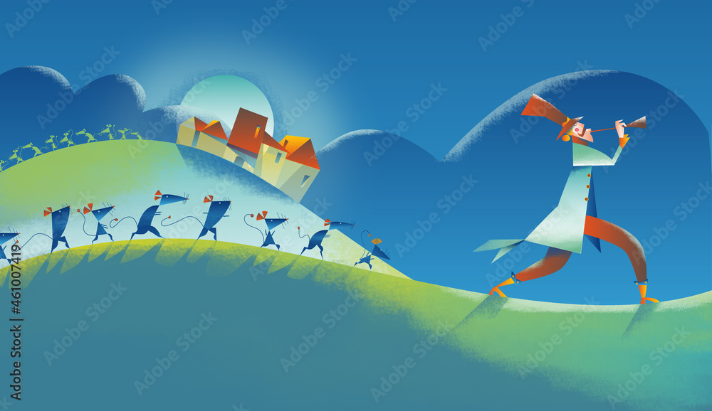 Rats invasion, The Pied Piper of Hamelin story, fairytale illustration ...