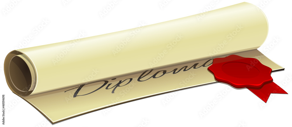 Diploma rolled up on old paper with its red stamp sticking out (cut out ...