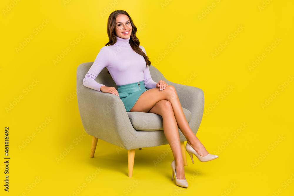 Full body photo of pretty satisfied young girl sit on chair beaming ...