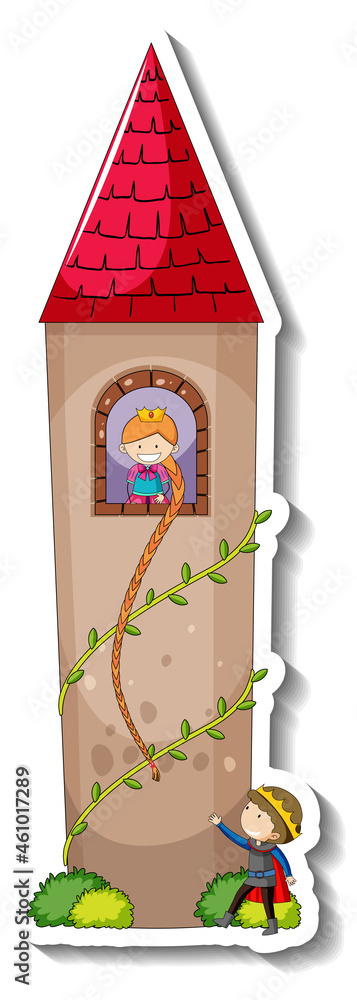 Sticker template with Rapunzel in the castle tower isolated Stock ...