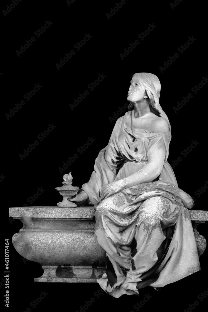 Sad and desperate woman on tomb as a symbol of death and the end of ...