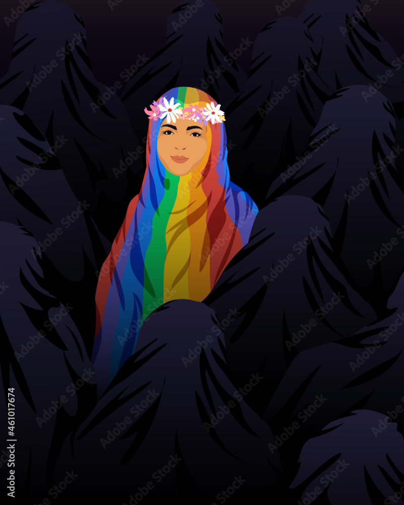 Muslim woman in crowd wearing rainbow pride burka Stock Vector | Adobe ...