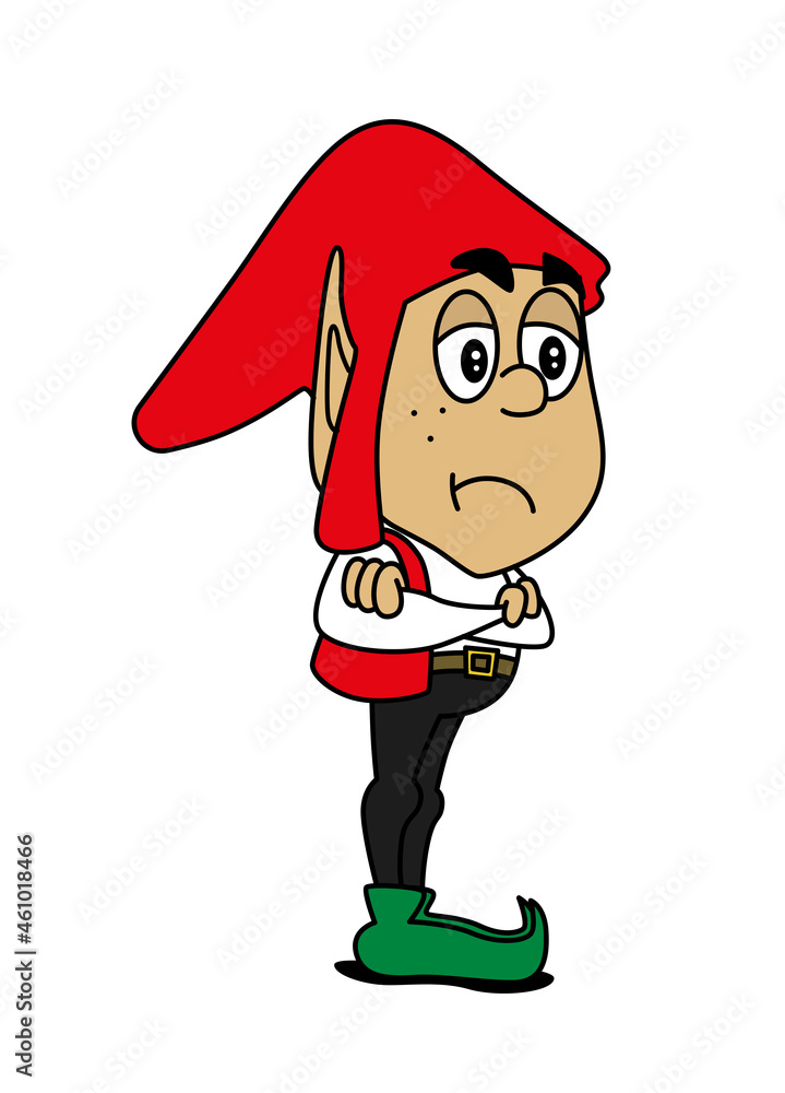 Cute angry elf character standing with his arms crossed. Cartoon style ...